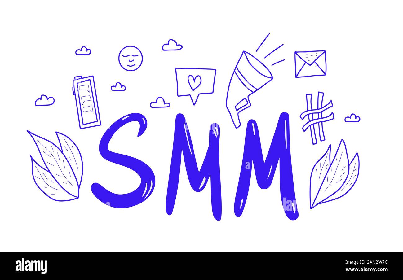SMM text with decoration elements isolated on white background. Hand ...
