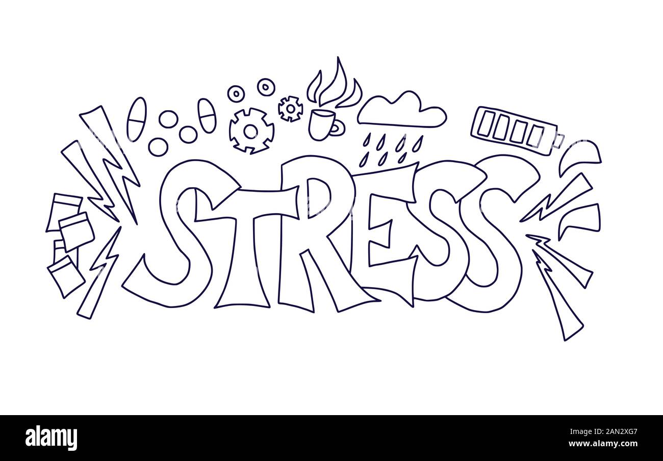 Stress concept. Stylized text and symbols of fatigue isolated on white ...