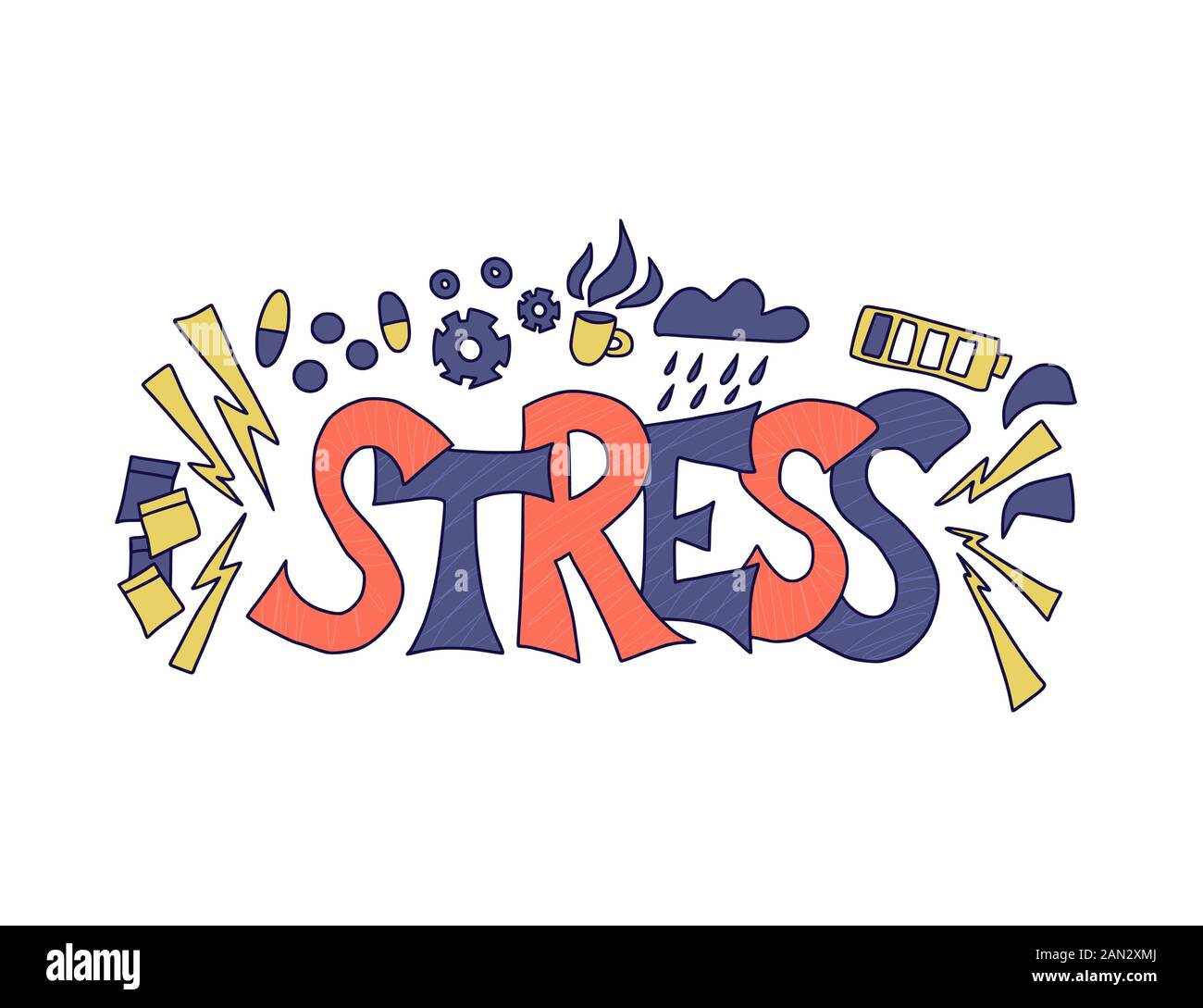 Stress concept. Stylized text and symbols of fatigue isolated on white ...