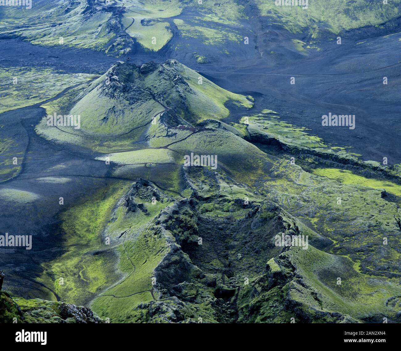Craters of Laki, crater lake, lava thickly covered with moss, the ...