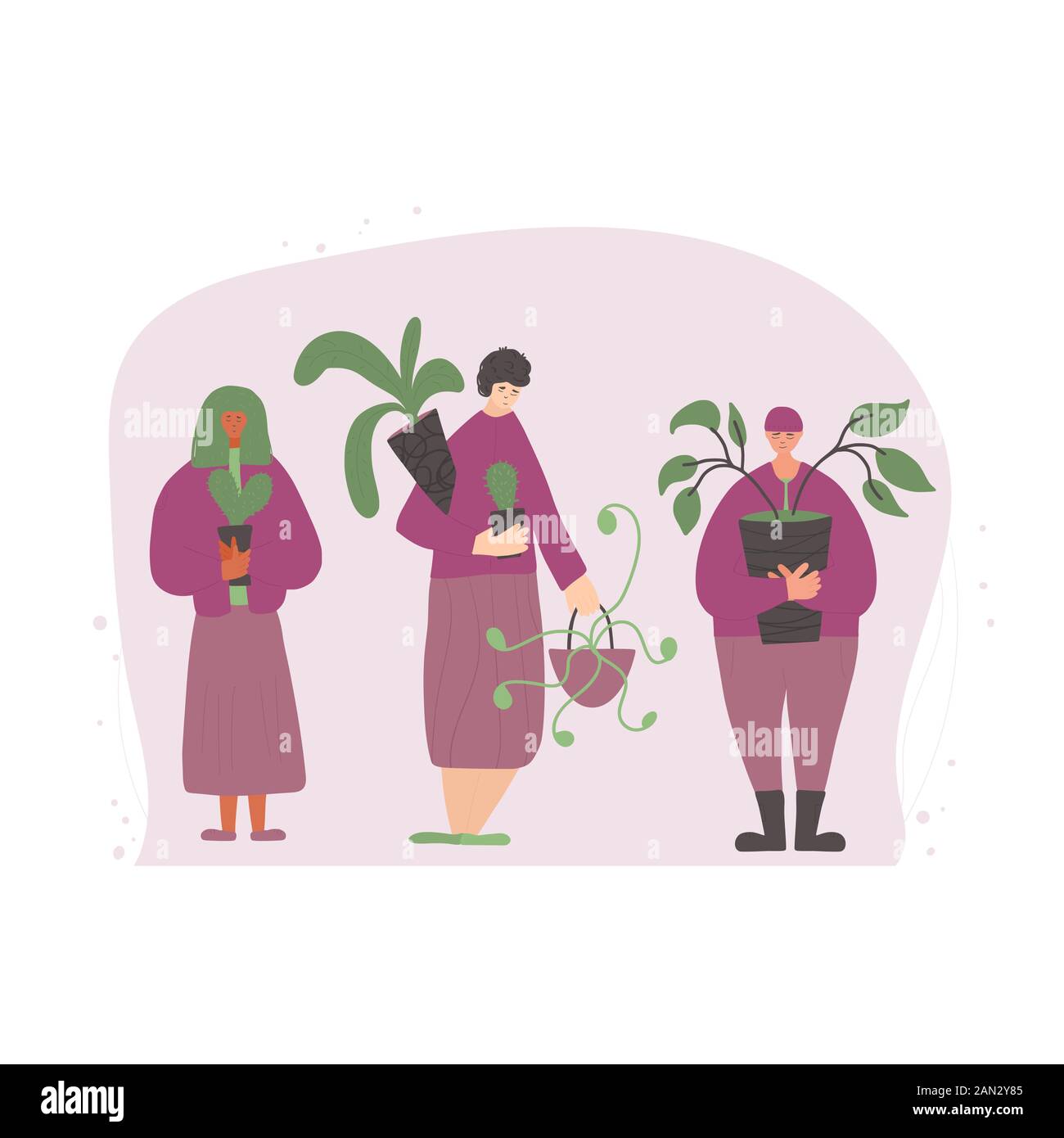 Plant lovers club members emblem. Smiling persons wearing in cozy ...