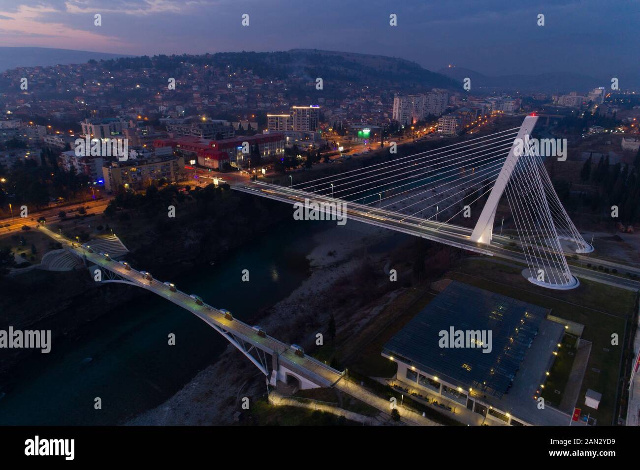aerial view of Millennium bridge over Moraca river in Podgorica Stock ...