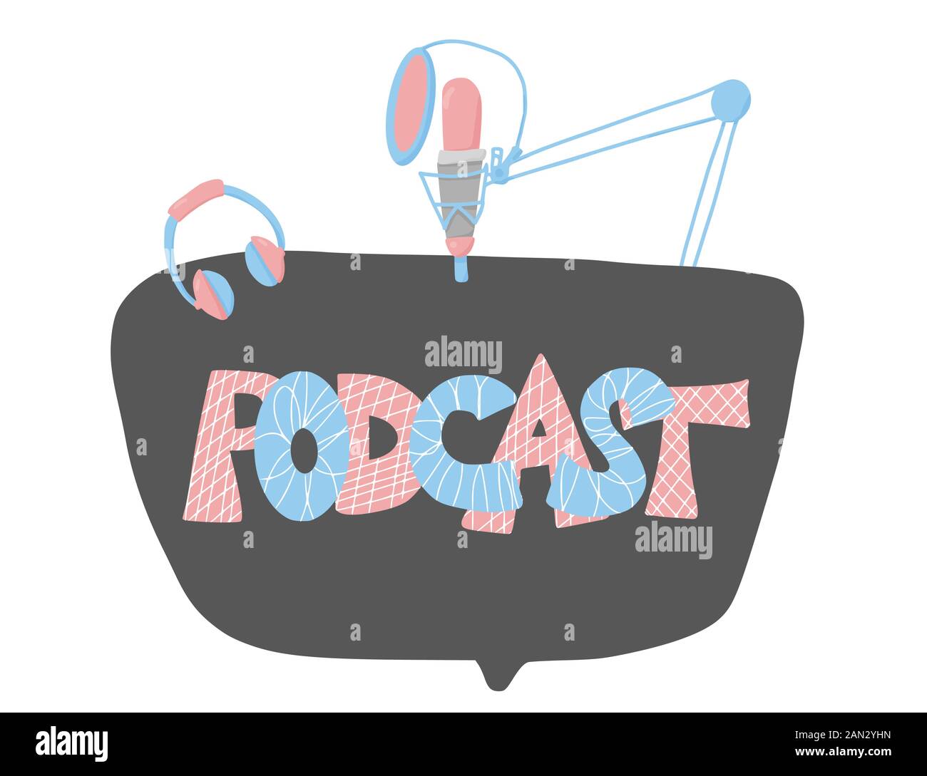 Podcast emblem with speech bubble. Text and logo. Studio microphone and ...