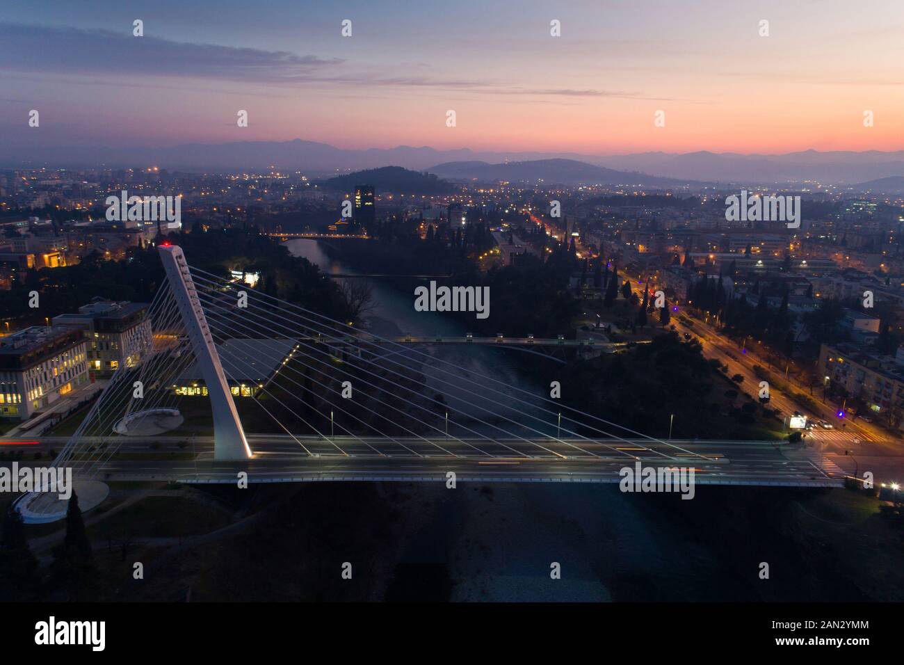 aerial view of Millennium bridge over Moraca river in Podgorica Stock ...