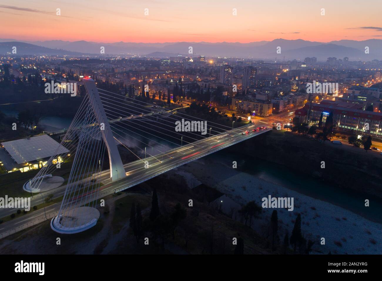 aerial view of Millennium bridge over Moraca river in Podgorica Stock ...