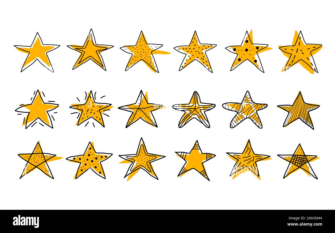Stars set in doodle style. Hand drawn symbols in various shapes designs ...