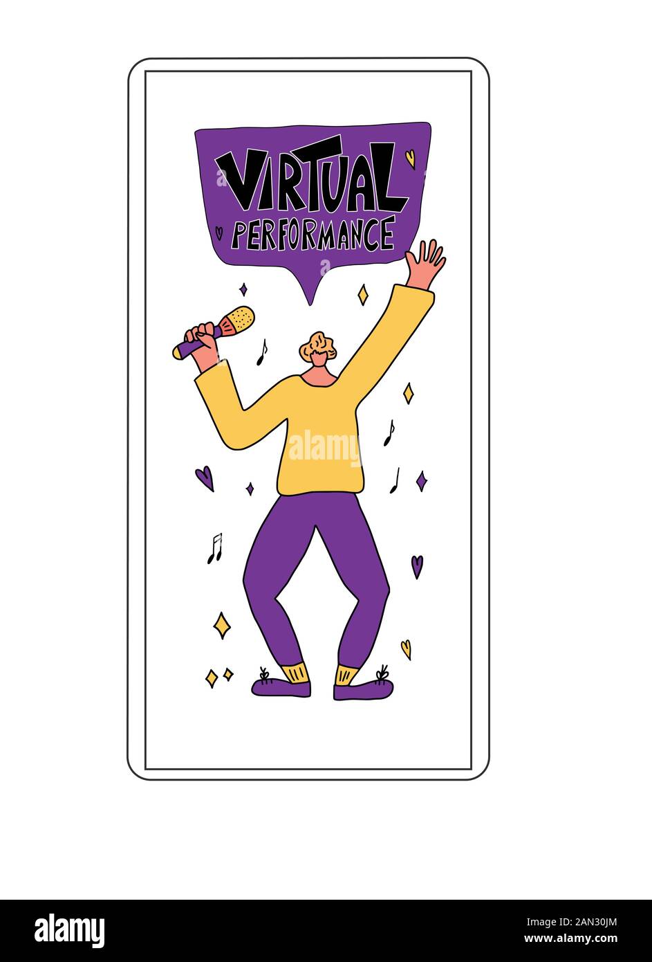 Virtual performance concept. Stylized hand drawn text with young singer ...