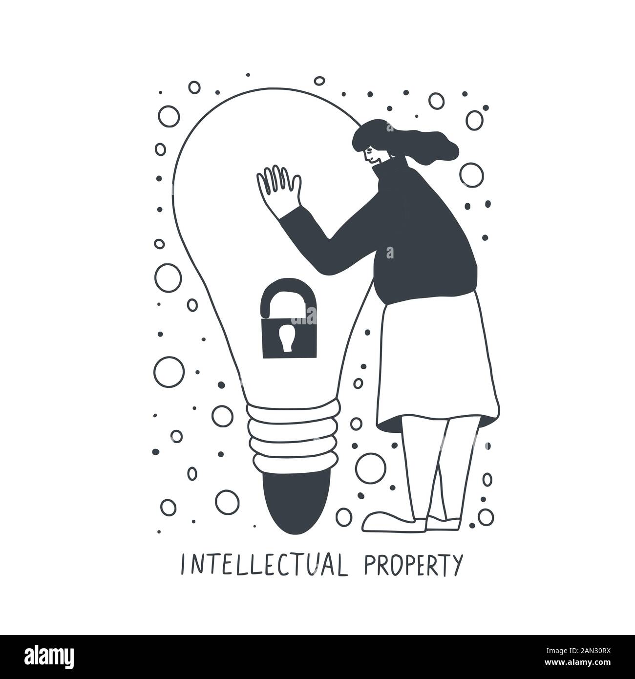 Intellectual property concept. Young woman dressed in skirt and sweater ...