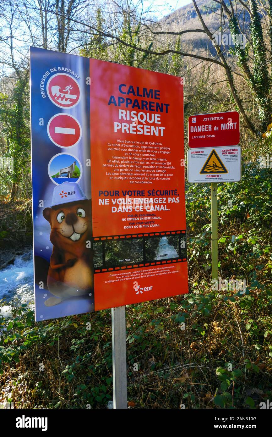 Flood warning signs for hydroelectric overflow channel, Auzat, Ariege ...