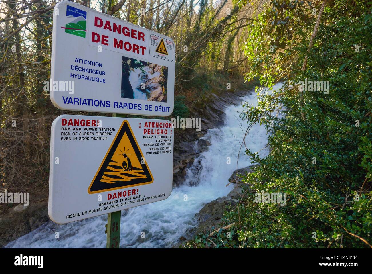 Flood warning signs for hydroelectric overflow channel, Auzat, Ariege ...