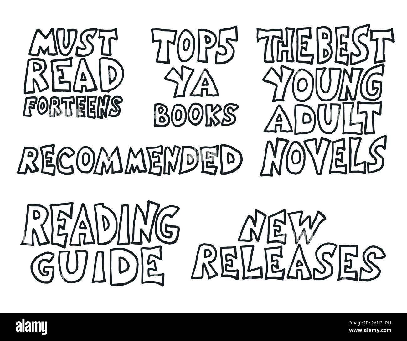 Young adults book phrases. Set of hand drawn quotes about reading for ...