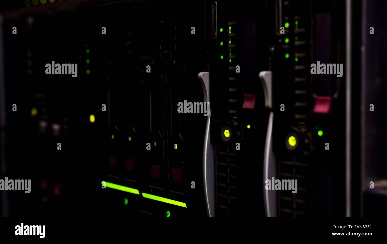 Modern server closeup, cloud computing data storage, technological ...