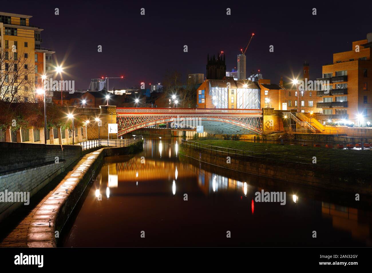 A scene in Leeds City Centre along the River Aire, looking towards ...