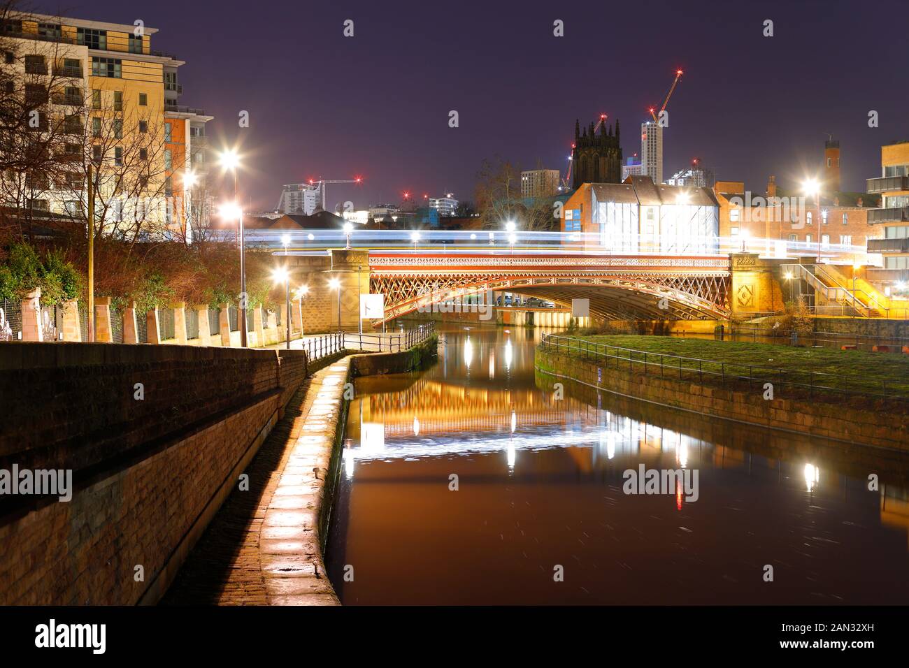 A scene in Leeds City Centre along the River Aire, looking towards ...