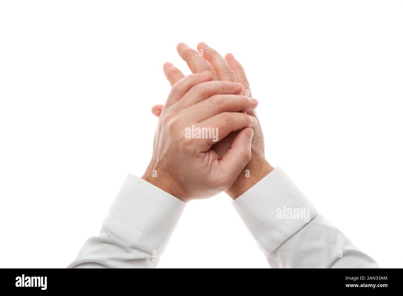 Man hands, thinking gesture, isolated on white background. White shirt ...