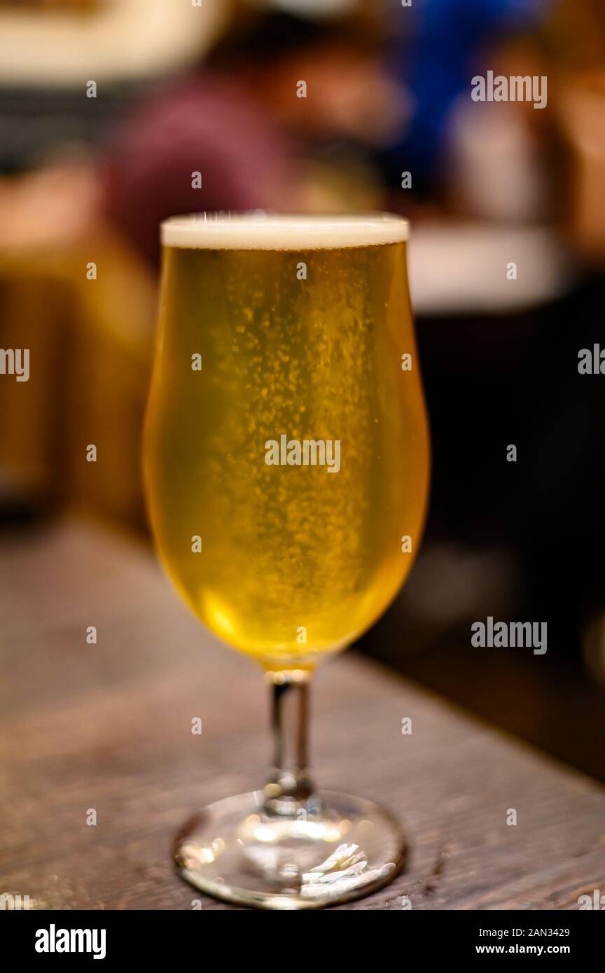 Misty glass with pint of cold yellow Scotch ale, pale ale draft beer in ...