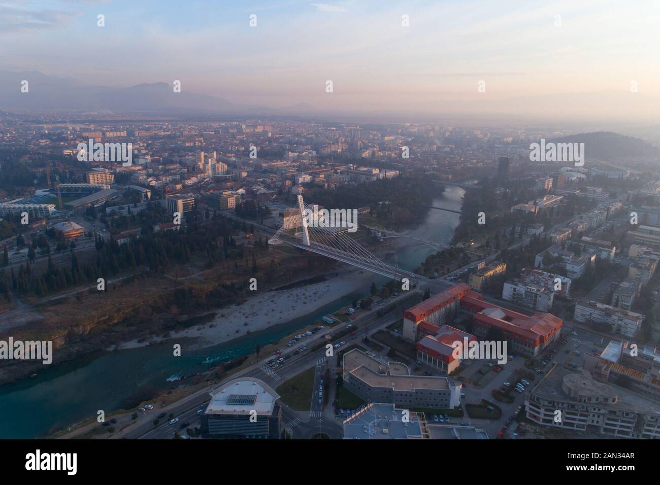 aerial view of Millennium bridge over Moraca river in Podgorica Stock ...