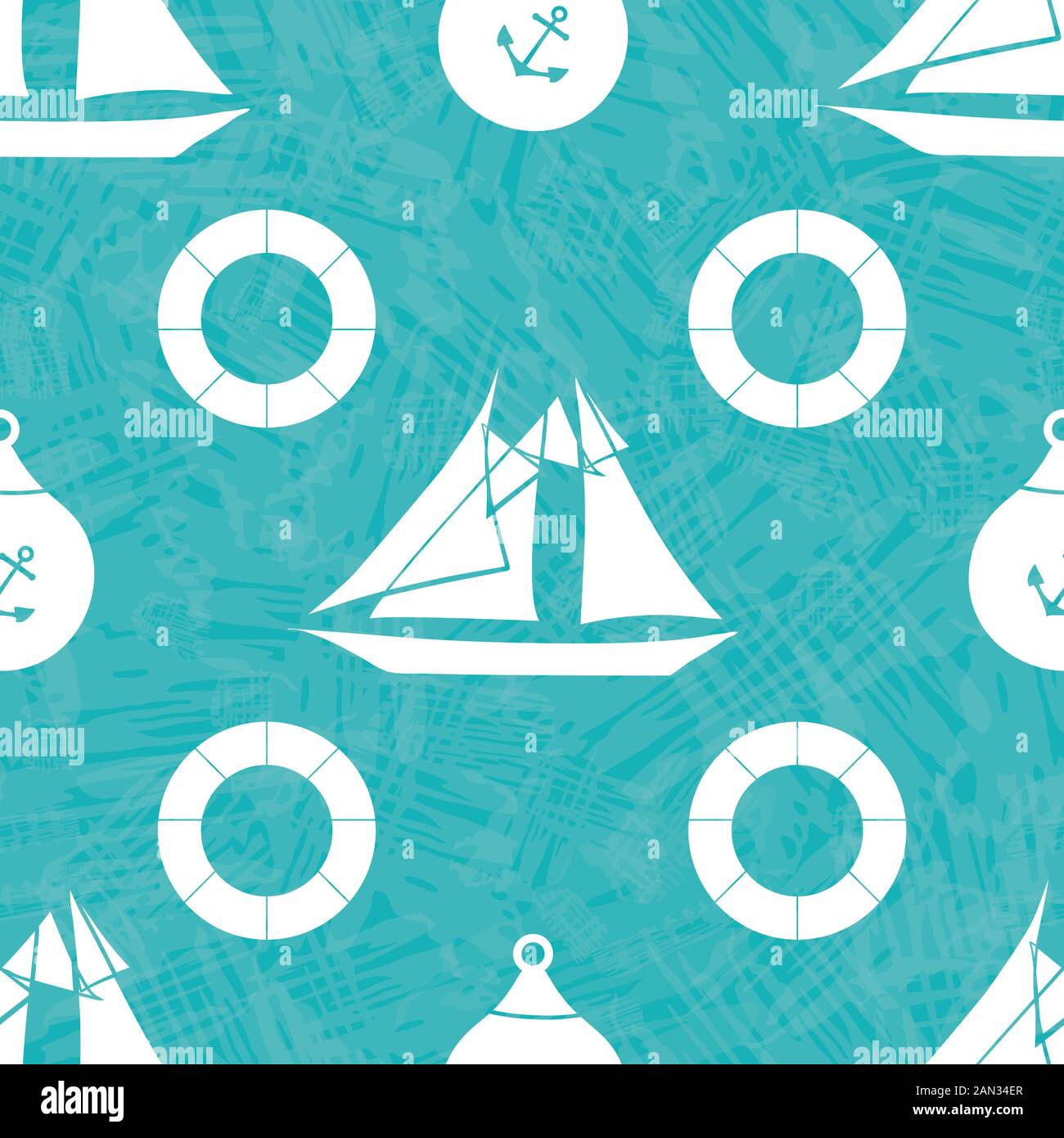 Vector hand drawn white sailing boats, anchors and life buoys on aqua ...