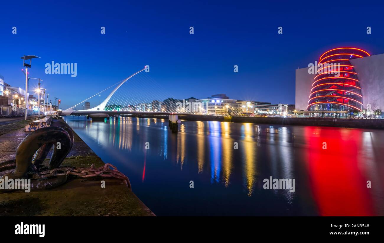 Blue hour at Dublin docks, Samuel Beckett bridge and convention centre ...