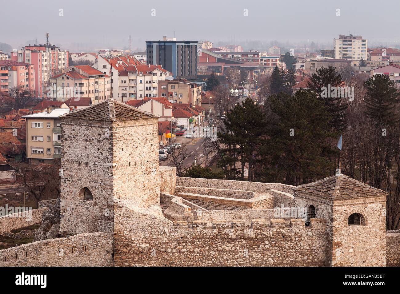 Beautiful panorama of Pirot cityscape, with foreground ancient fortress ...