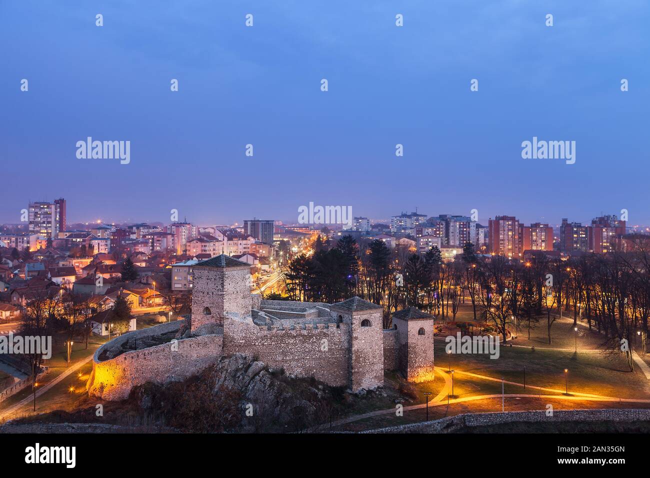 Beautiful panorama of Pirot cityscape, with foreground ancient fortress ...