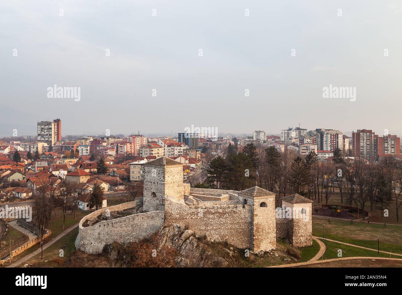 Beautiful panorama of Pirot cityscape, with foreground ancient fortress ...