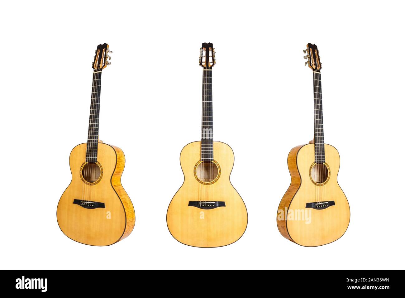 set of six strings acoustic wooden guitars isolated on white background ...