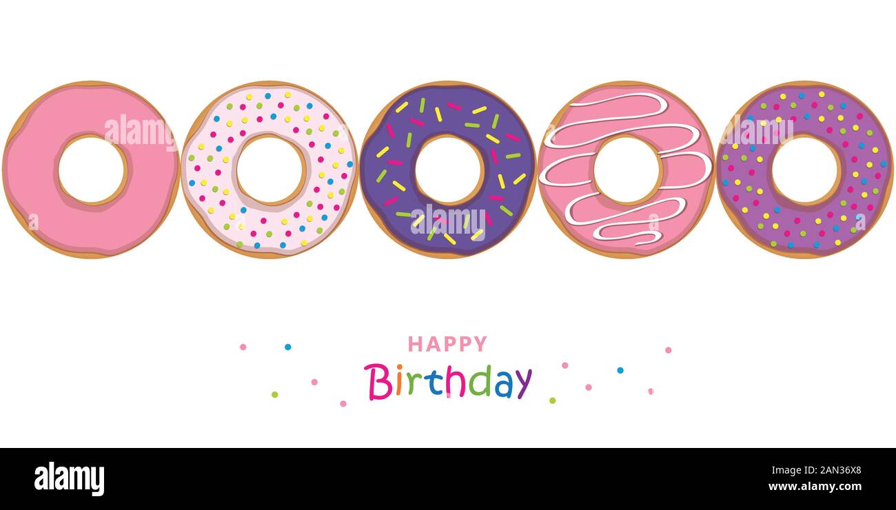 happy birthday greeting card with colorful donuts and sprinkles vector ...