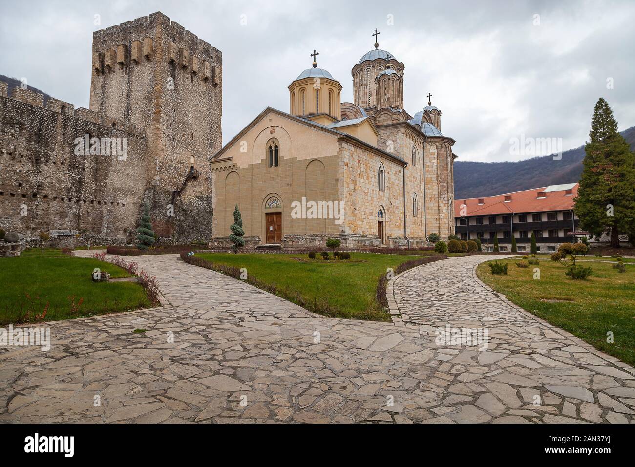 Beautiful orthodox Manasija monastery, surrounded by protective ...