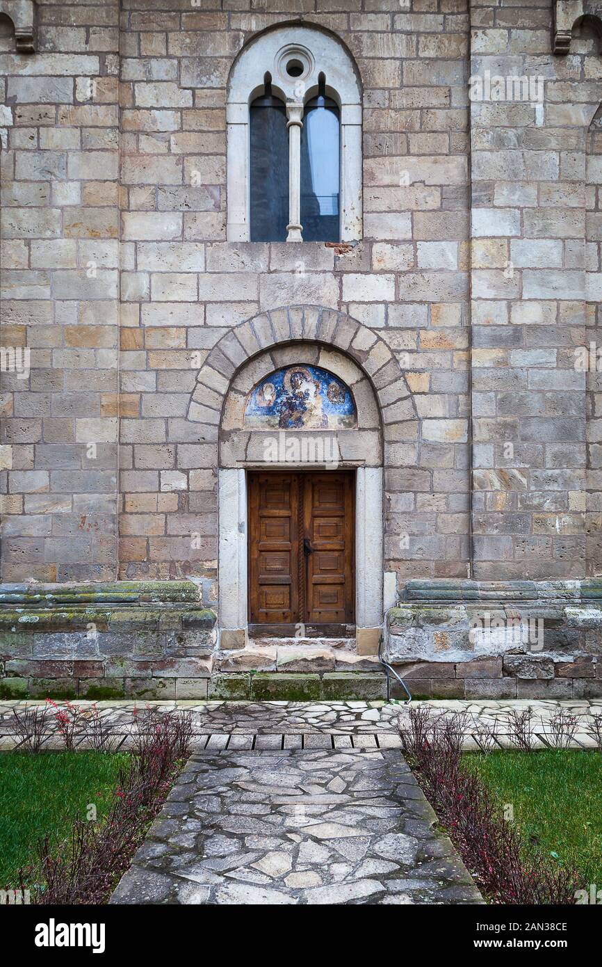 Colorful close up details of an entrance in to Manasija monastery with ...