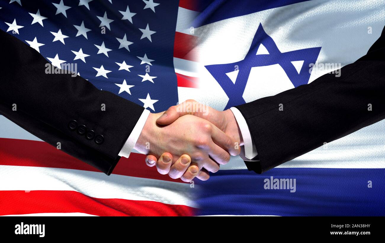 United States and Israel handshake, international friendship, flag ...