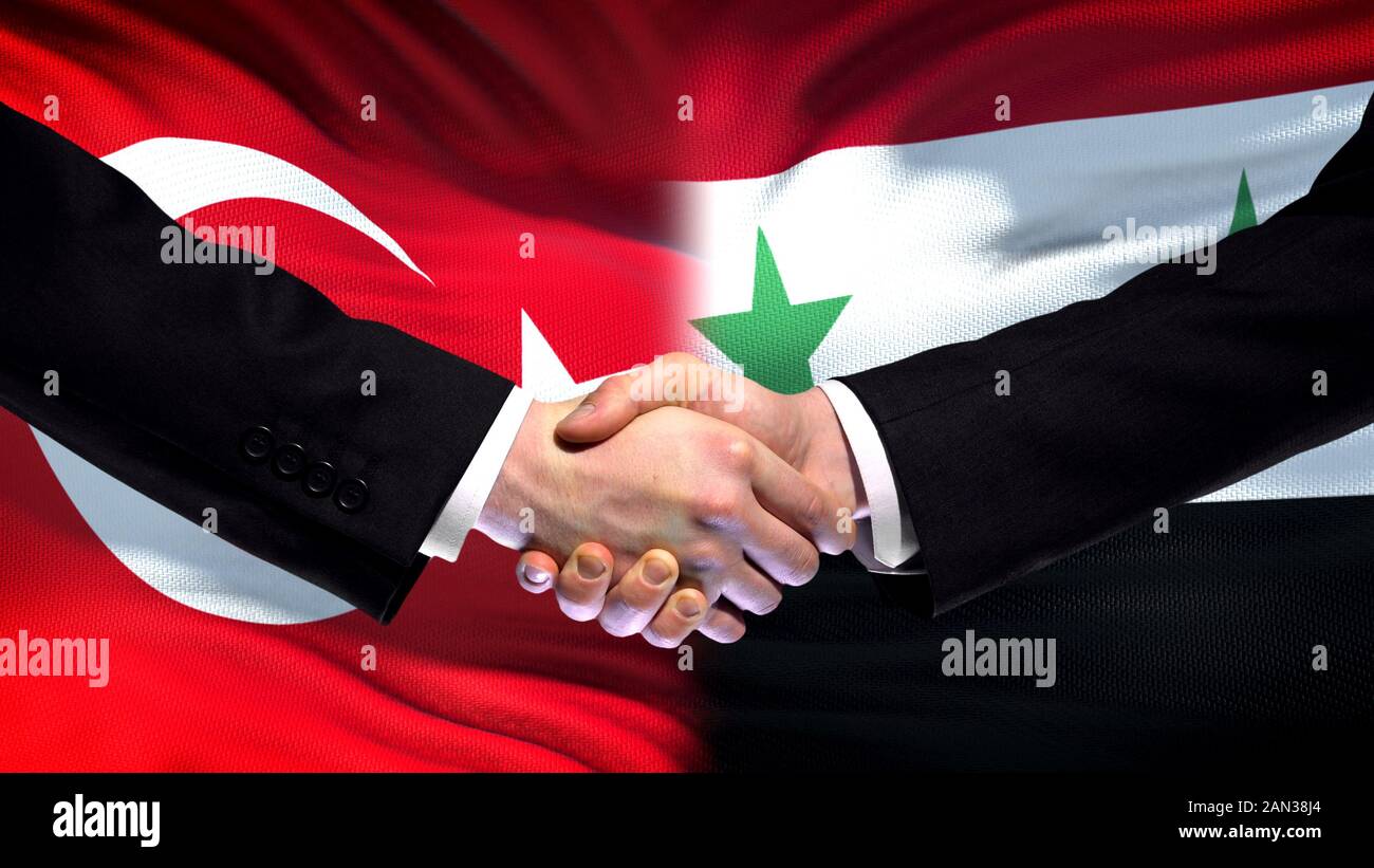 Turkey and Syria handshake, international friendship relations, flag ...