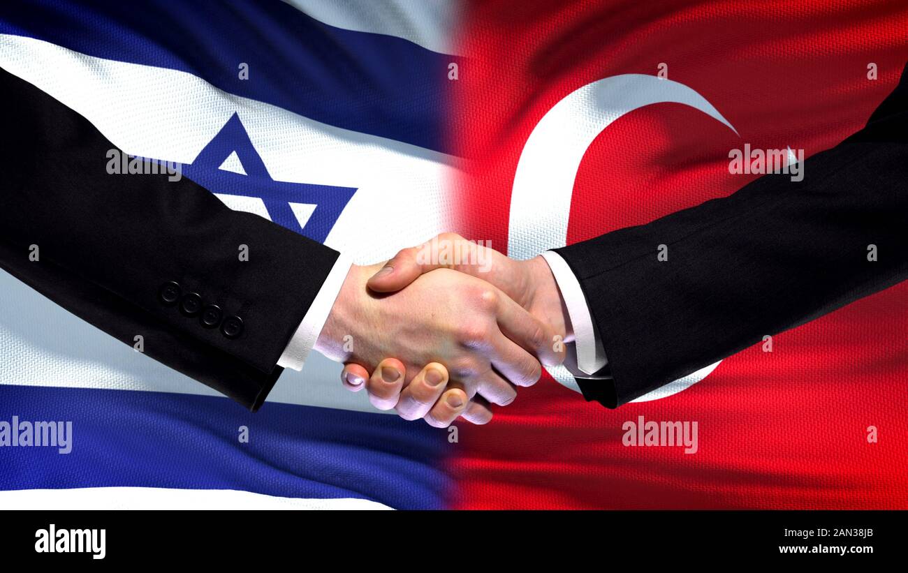 Israel and Turkey handshake, international friendship relations, flag ...