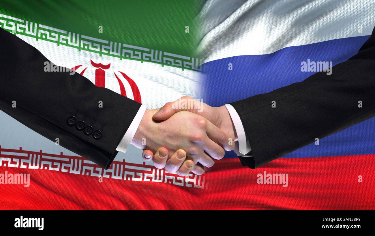 Iran and Russia handshake, international friendship relations, flag ...