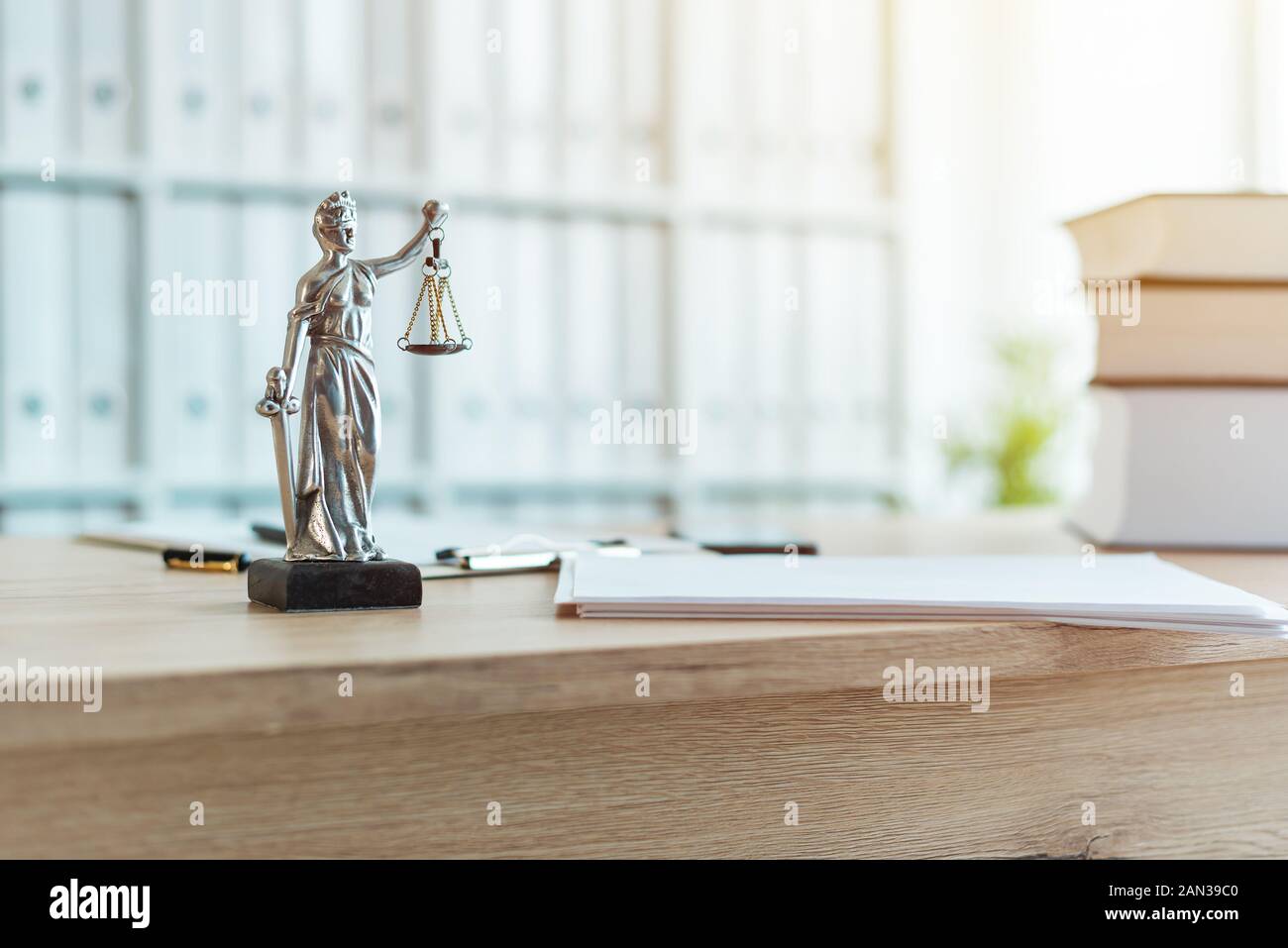 Lady Justice statue in law firm attorney office, blindfolded Justitia ...