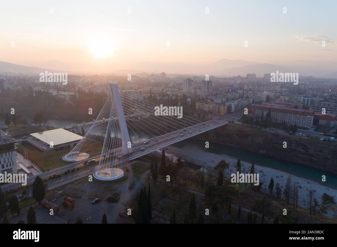 aerial view of Millennium bridge over Moraca river in Podgorica Stock ...