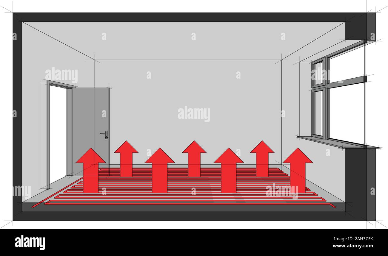 Diagram of floor heating heated room with heat distribution Stock ...