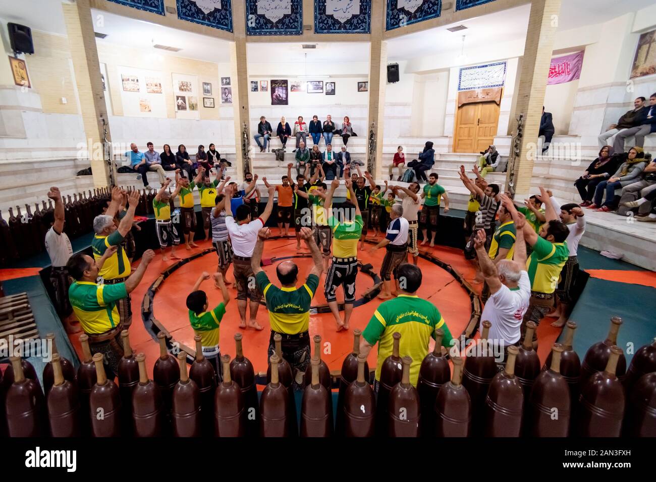 March 3, 2019: Group of men practicing iranian traditional sport called ...