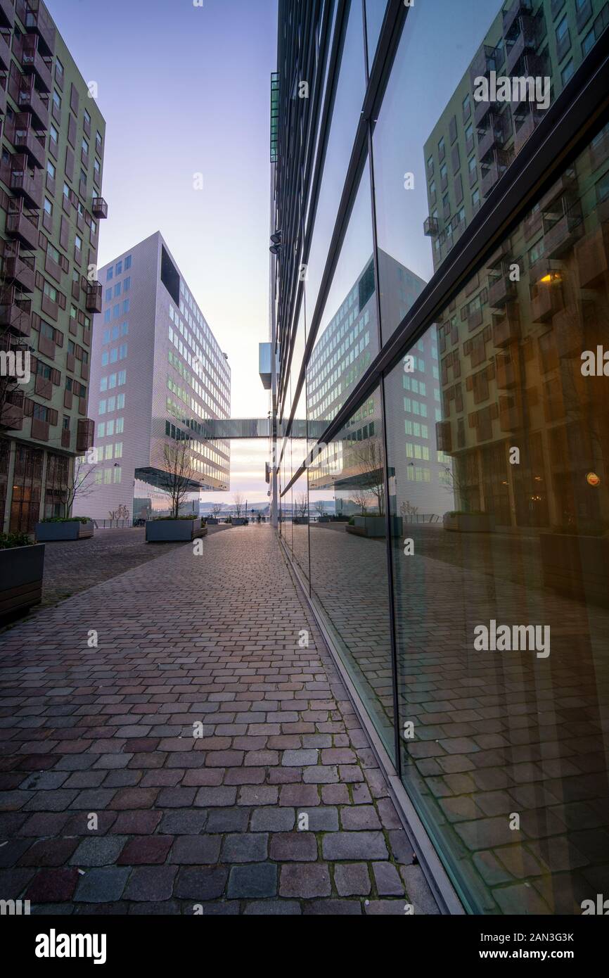 high up view from the street in an office district with modern ...