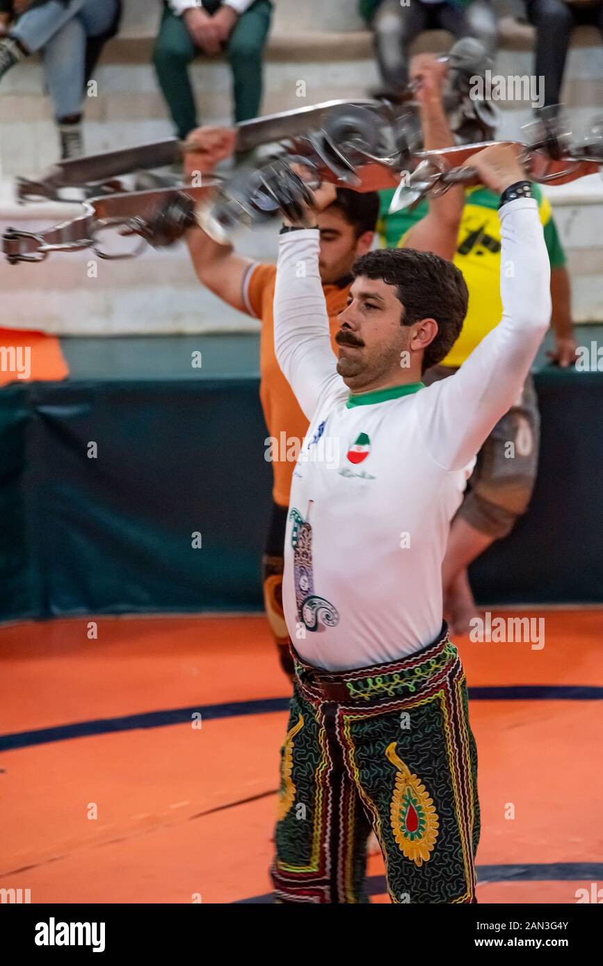 March 3, 2019: Group of men practicing iranian traditional sport called ...