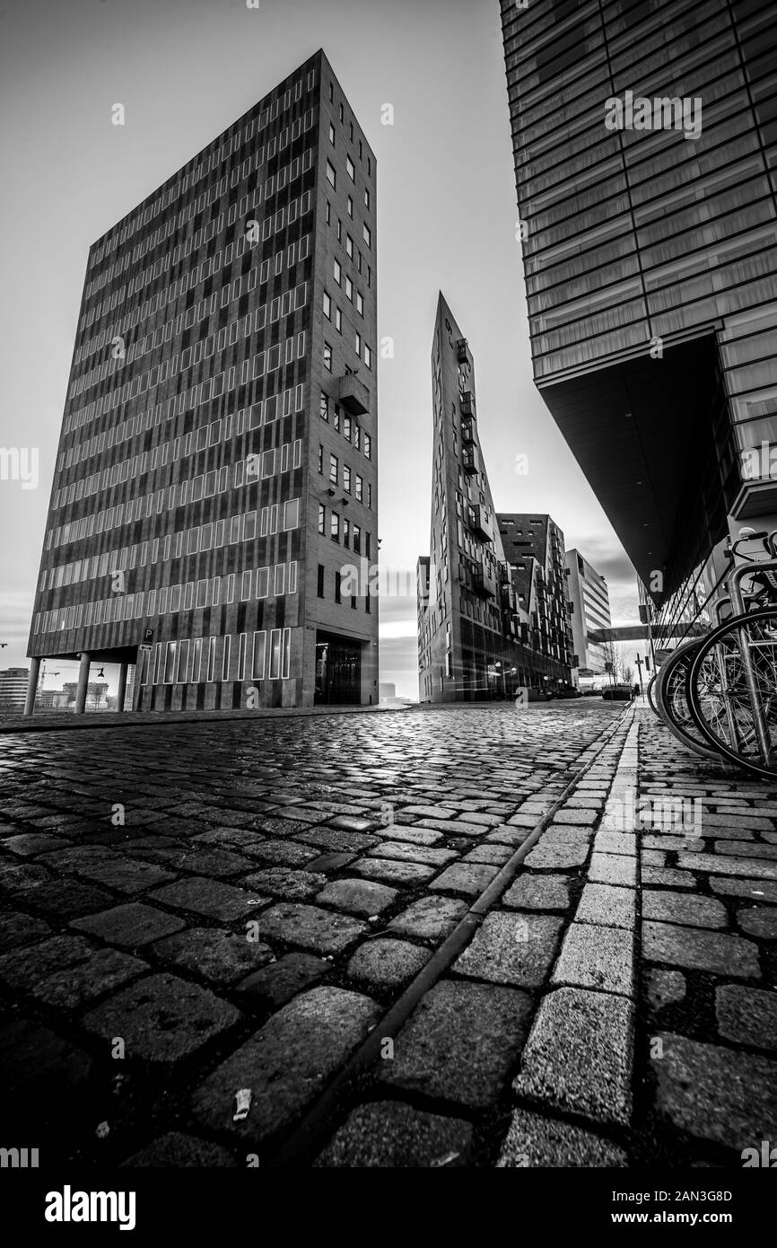 High up view from the street in an office district with modern ...