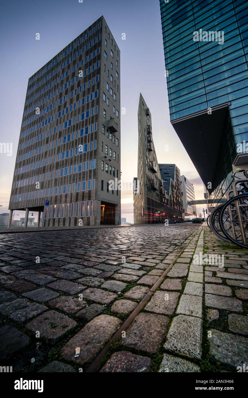 High up view from the street in an office district with modern ...