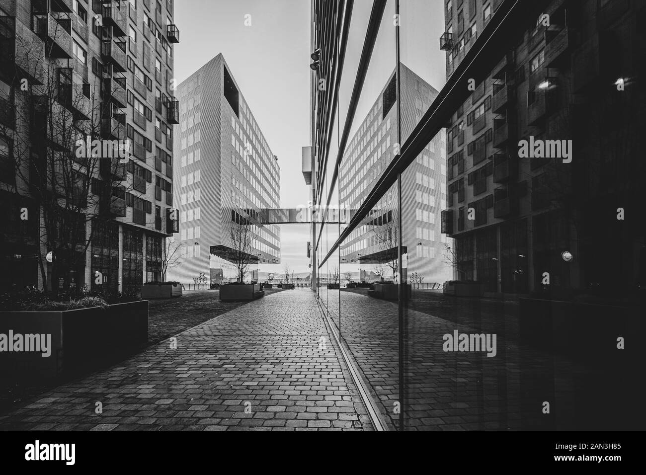 high up view from the street in an office district with modern ...