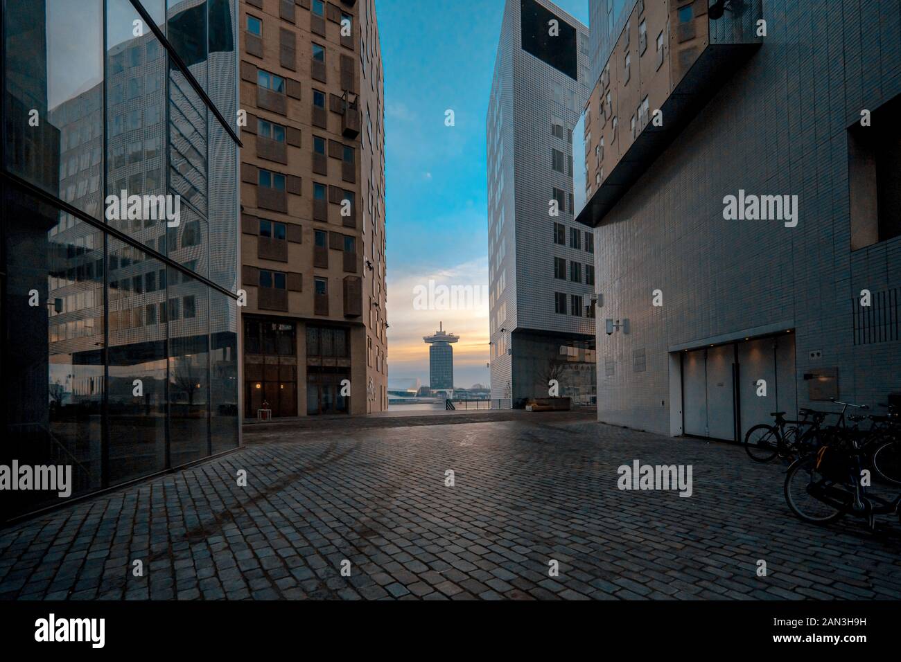 high up view from the street in an office district with modern ...