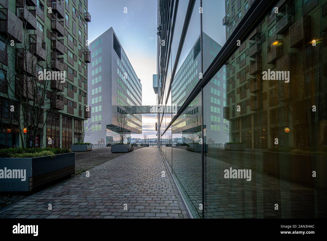high up view from the street in an office district with modern ...
