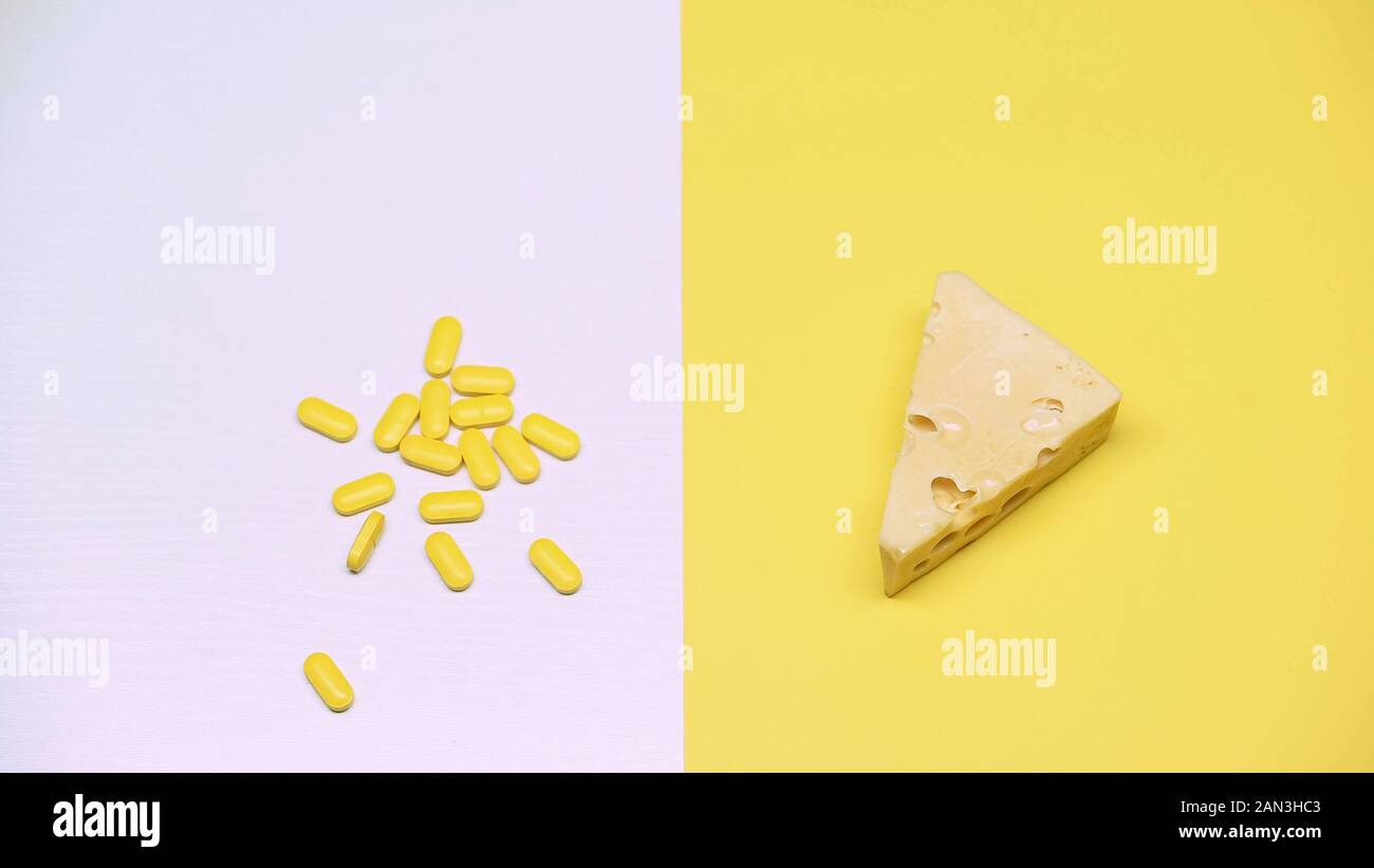 Cheese and pills, pasteurized products with organic bacteria, lactose ...