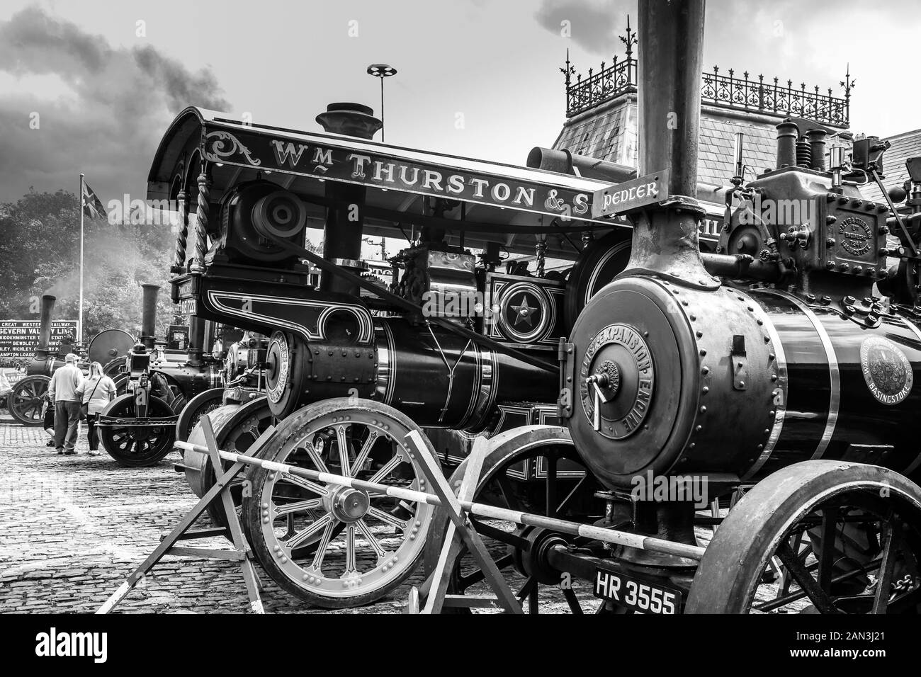 Black and white close up, vintage UK steam traction engines preserved ...