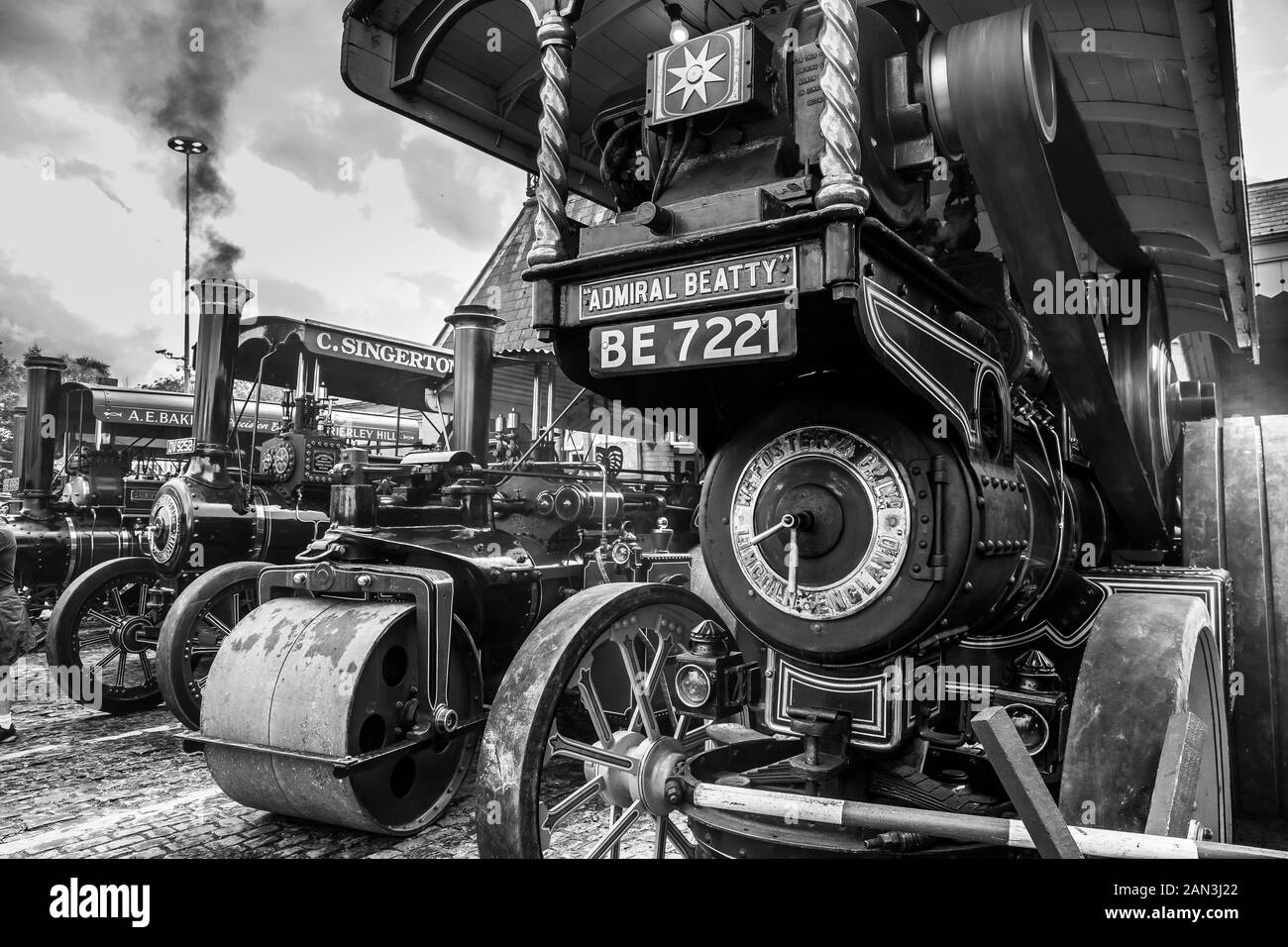 Black and white close up, vintage UK steam traction engines preserved ...