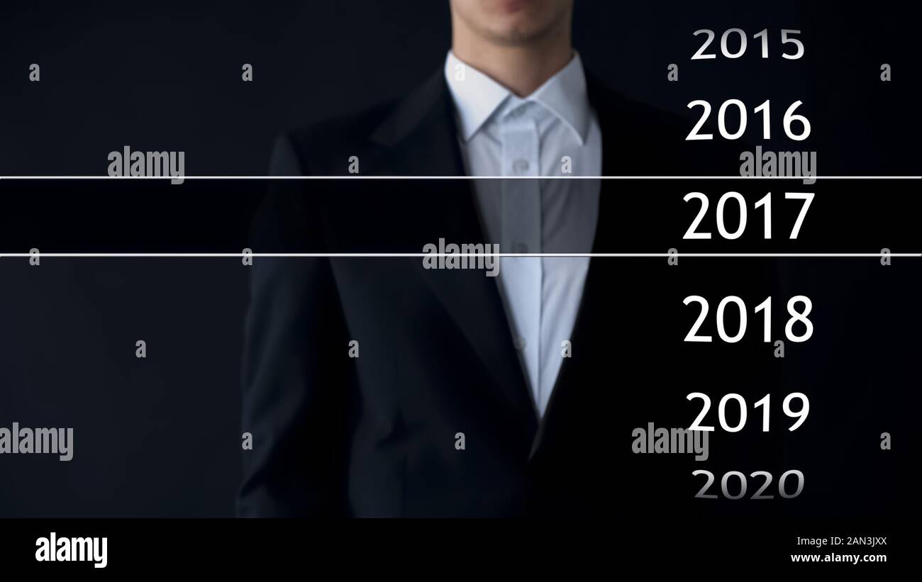 Businessman selects 2017 year in virtual menu, search for data ...