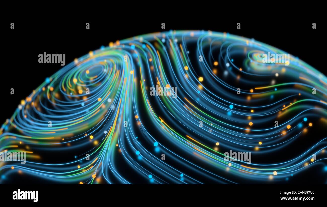 Neon glowing twisted cosmic lines on the surface of the planet ...